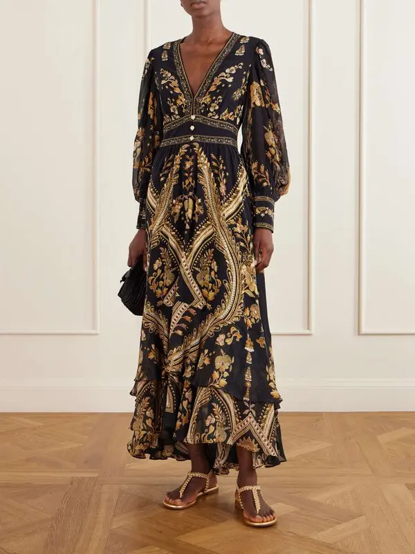 Camilla Embroidered Printed Silk-crepe Maxi Dress