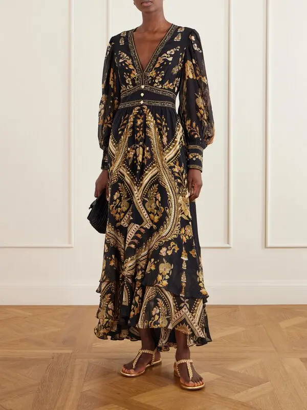 Camilla Embroidered Printed Silk-crepe Maxi Dress - Black