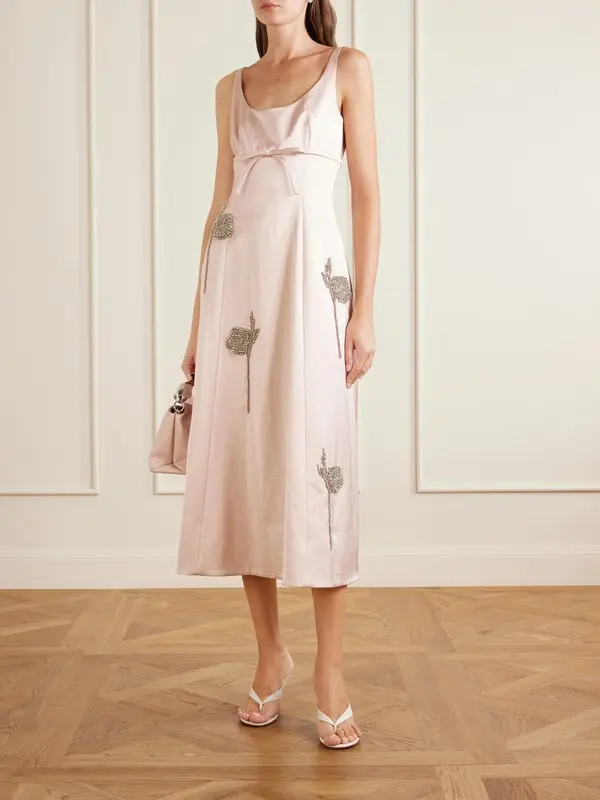Erdem Embroidered Satin Midi Dress With Crystal Embellishments