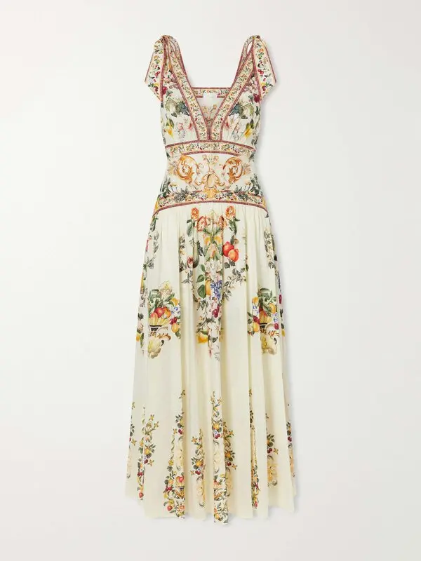 Camilla Printed Embellished Linen And Silk-blend Maxi Dress