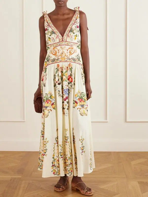 Camilla Printed Embellished Linen And Silk-blend Maxi Dress