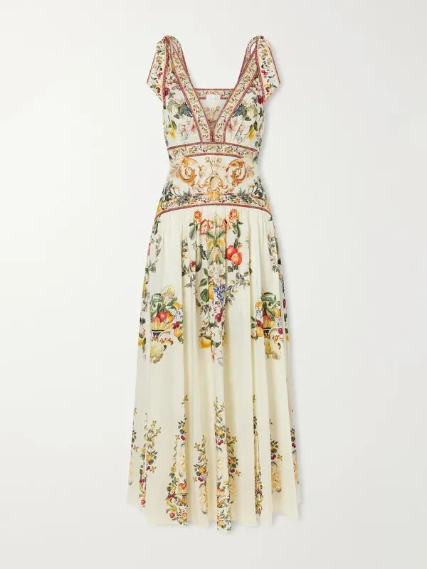Camilla Printed Embellished Linen And Silk-blend Maxi Dress - Neutrals