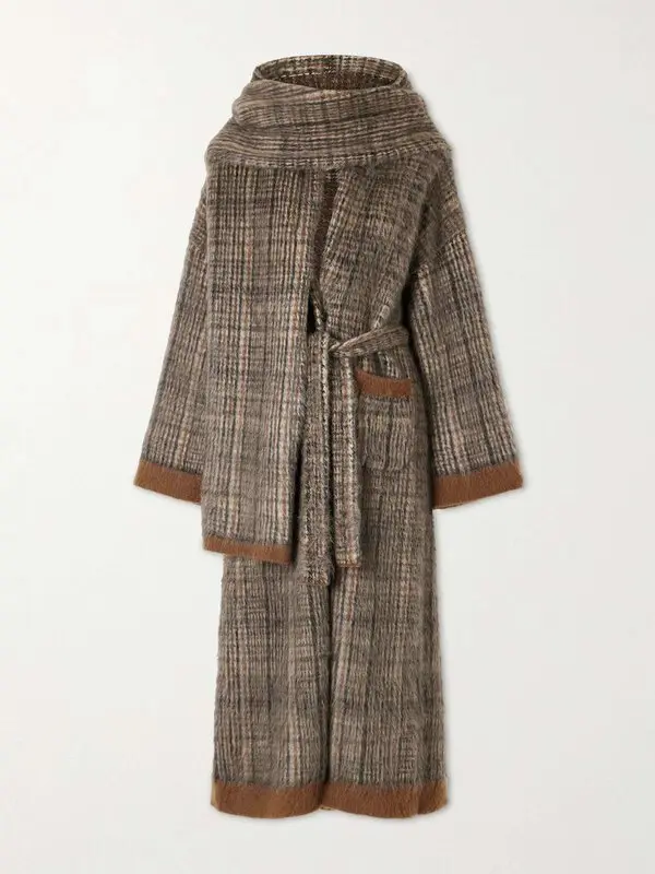 Brunello Cucinelli Belted Checked Wool-blend Coat With Integrated Scarf