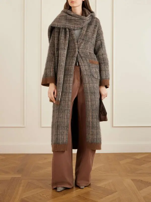 Brunello Cucinelli Belted Checked Wool-blend Coat With Integrated Scarf