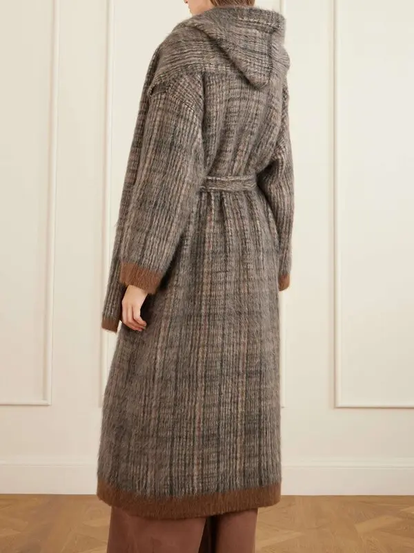 Brunello Cucinelli Belted Checked Wool-blend Coat With Integrated Scarf