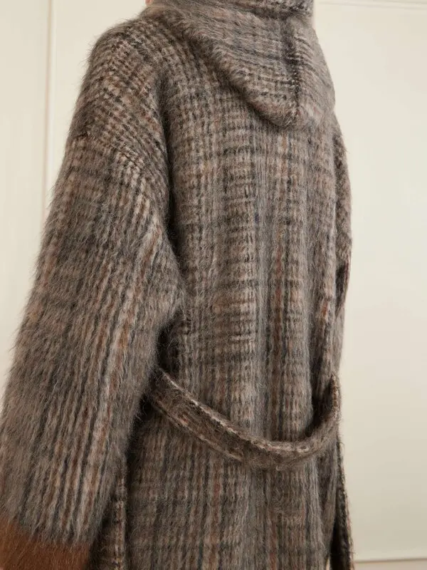 Brunello Cucinelli Belted Checked Wool-blend Coat With Integrated Scarf
