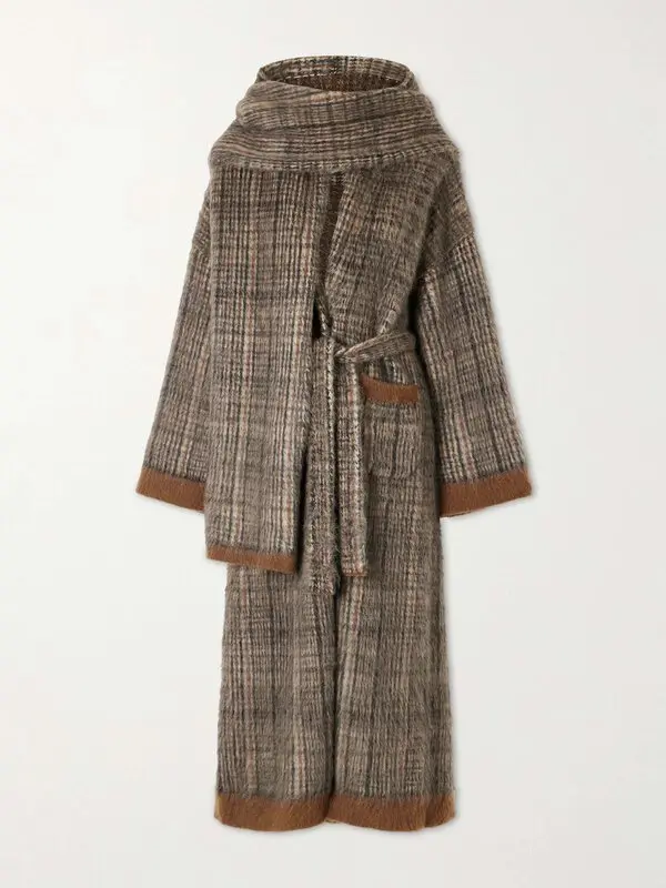 Brunello Cucinelli Belted Checked Wool-blend Coat With Integrated Scarf - Gray