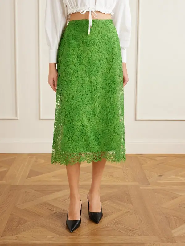 Carolina Herrera Guipure Lace Trimmed Midi Skirt - Green
