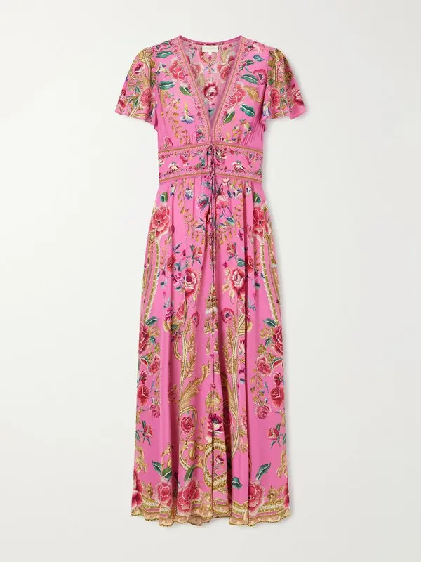 Camilla Embroidered Printed Silk Maxi Dress - Pink