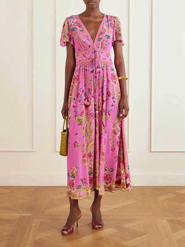 Camilla Embroidered Printed Silk Maxi Dress - Pink