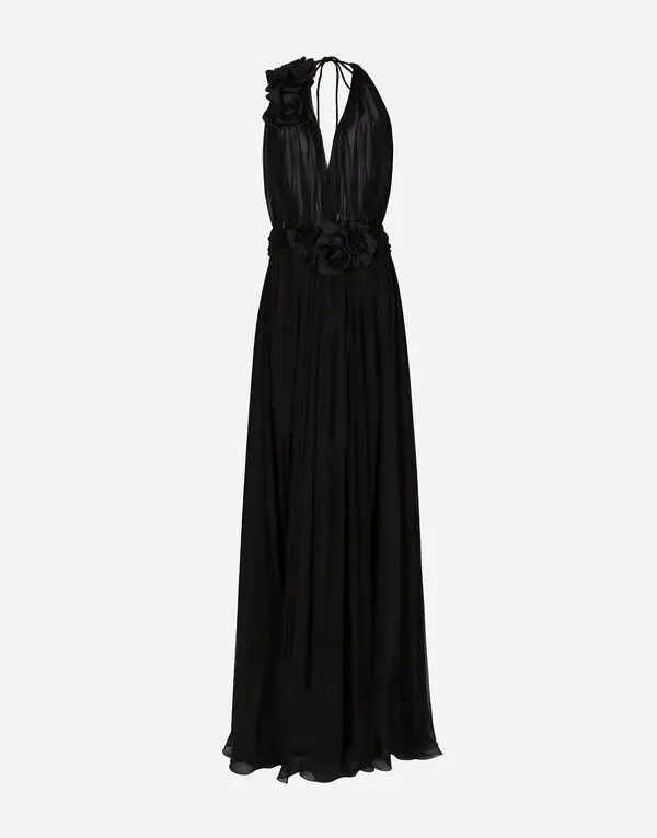 Dolce & Gabbana Long Silk Chiffon Dress With Floral Appliqu