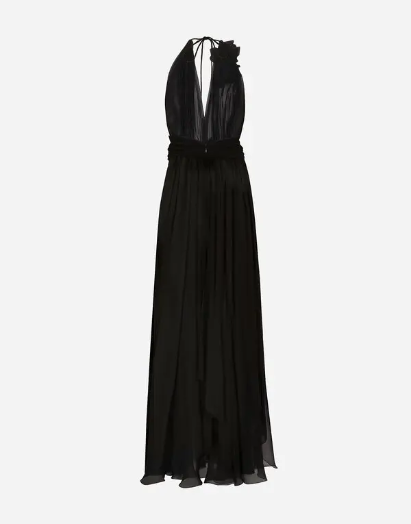 Dolce & Gabbana Long Silk Chiffon Dress With Floral Appliqu