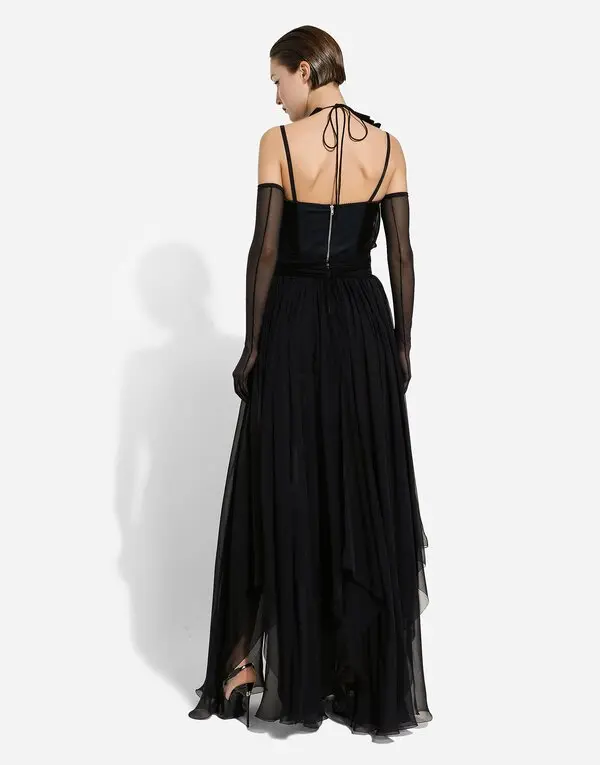 Dolce & Gabbana Long Silk Chiffon Dress With Floral Appliqu