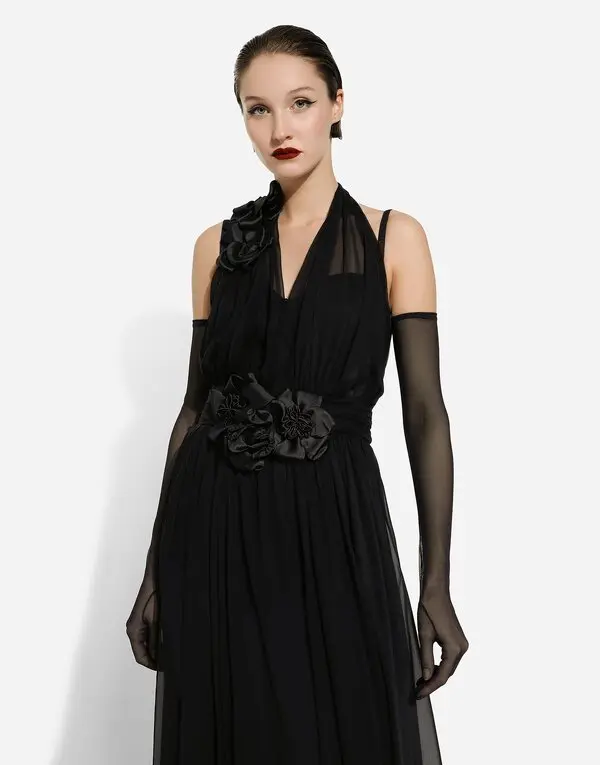 Dolce & Gabbana Long Silk Chiffon Dress With Floral Appliqu