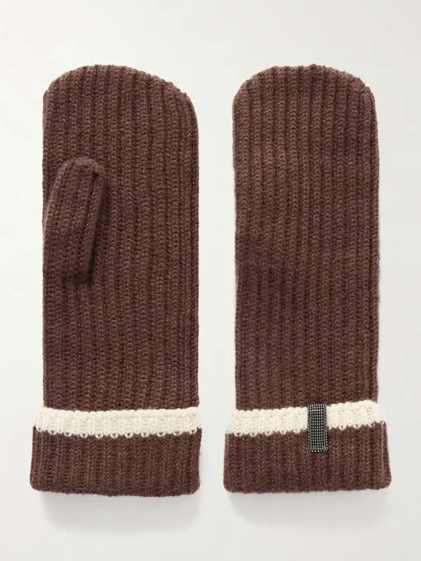Brunello Cucinelli Bead-embellished Striped Ribbed Cashmere Mittens - Brown