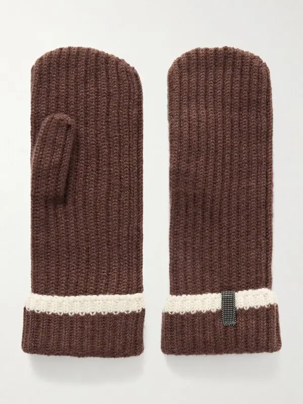 Brunello Cucinelli Bead-embellished Striped Ribbed Cashmere Mittens - Brown