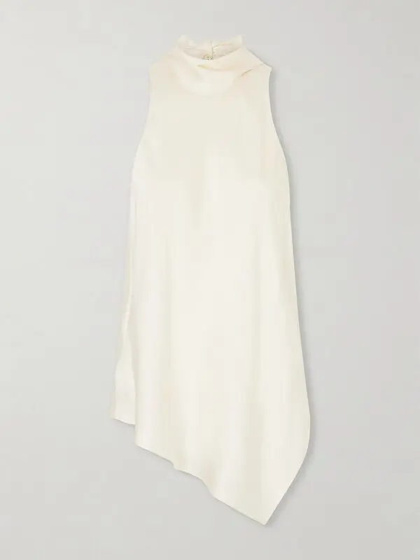 Brunello Cucinelli Asymmetrical Hem Silk-satin Blouse With Scarf Detail - White