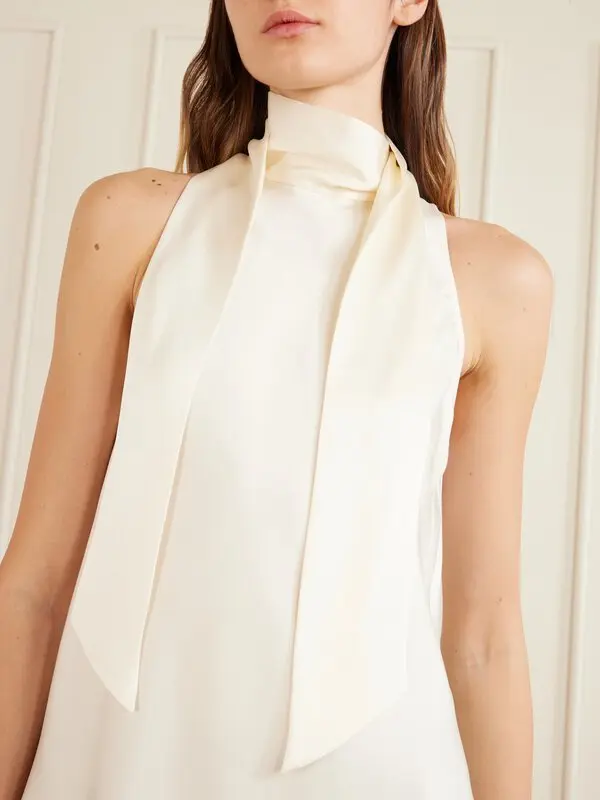 Brunello Cucinelli Asymmetrical Hem Silk-satin Blouse With Scarf Detail - White
