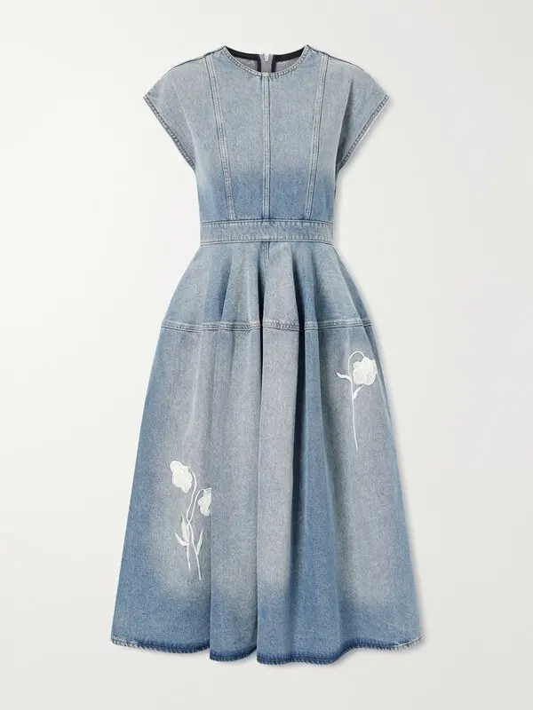 Erdem Floral Appliqué Denim Midi Dress