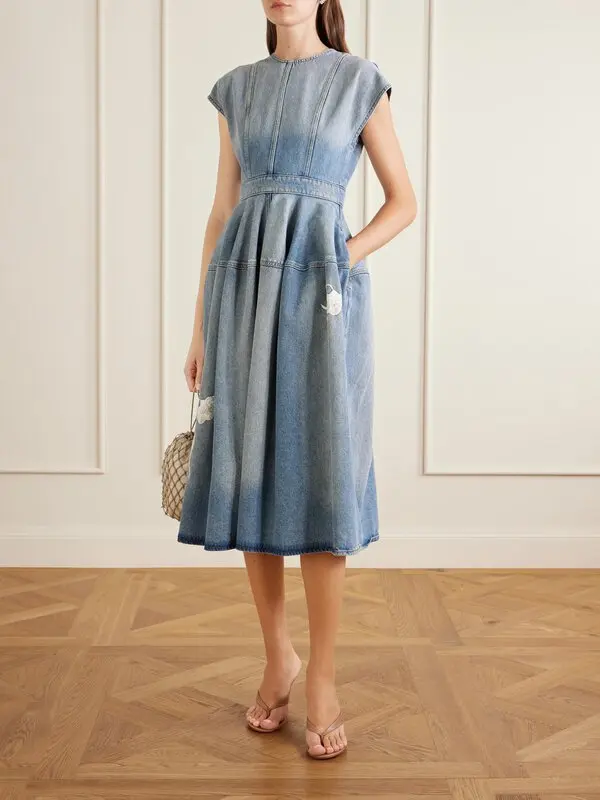 Erdem Floral Appliqué Denim Midi Dress
