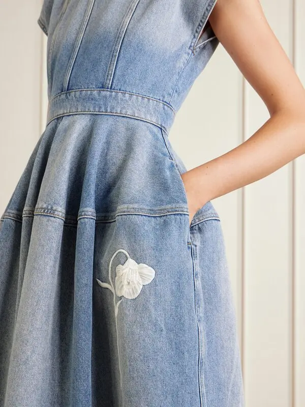 Erdem Floral Appliqué Denim Midi Dress