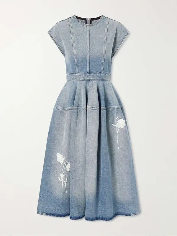 Erdem Floral-appliquéd Denim Midi Dress