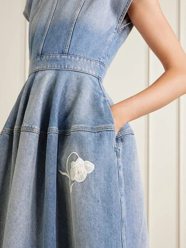 Erdem Floral-appliquéd Denim Midi Dress