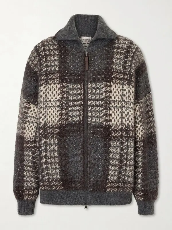 Brunello Cucinelli Sequin-embellished Checked Woven Jacket - Gray