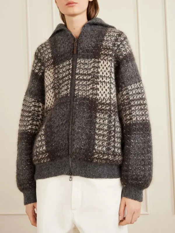 Brunello Cucinelli Sequin-embellished Checked Woven Jacket - Gray