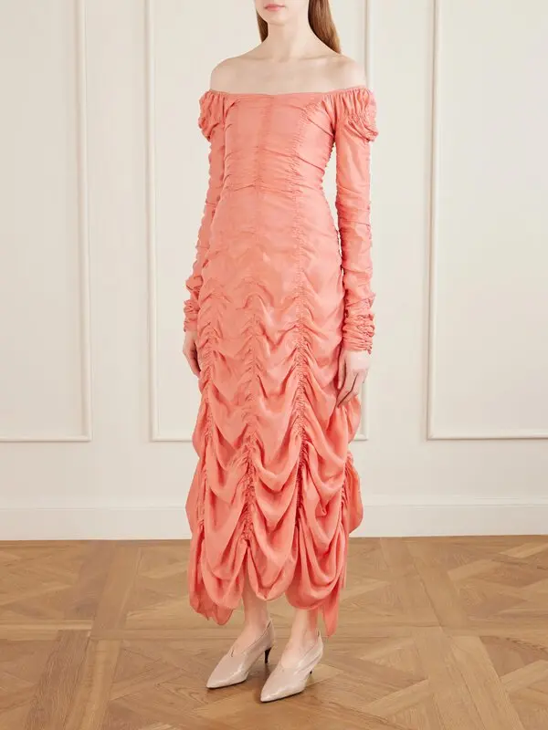 Khaite Judith Off-shoulder Draped Ruched Silk-blend Midi Dress - Orange