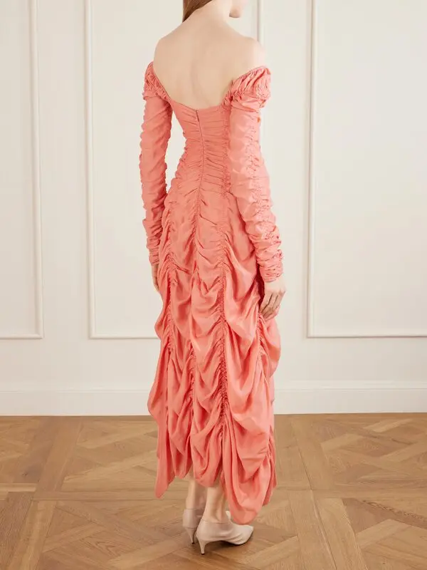 Khaite Judith Off-shoulder Draped Ruched Silk-blend Midi Dress - Orange