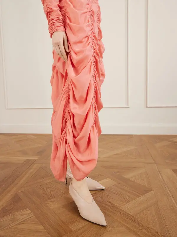 Khaite Judith Off-shoulder Draped Ruched Silk-blend Midi Dress - Orange