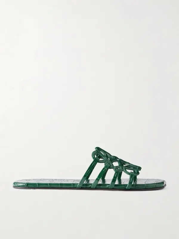 Loewe Petal Anagram Croc-effect Leather Slides - Green