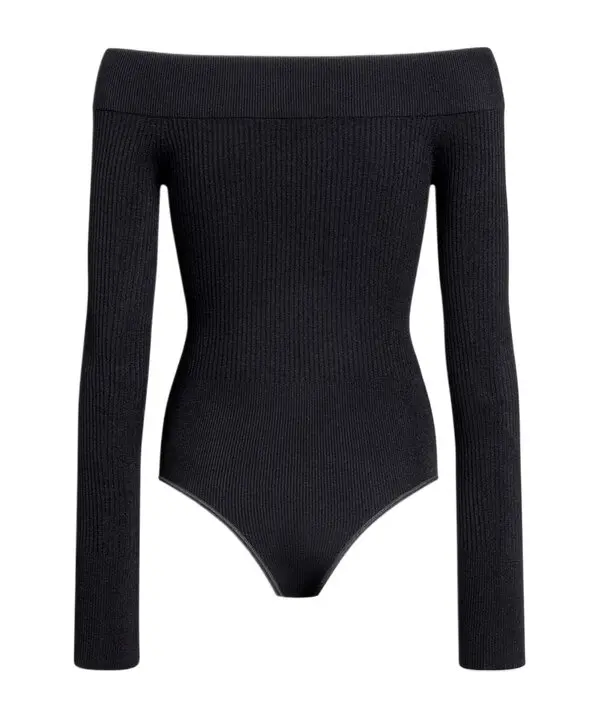 Alaïa Shapewear Ribbed Knit Off-shoulder Bodysuit - Black