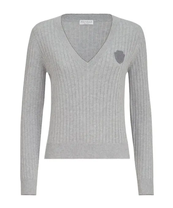 Brunello Cucinelli V-neck Ribbed Cotton Sweater With Logo Detail