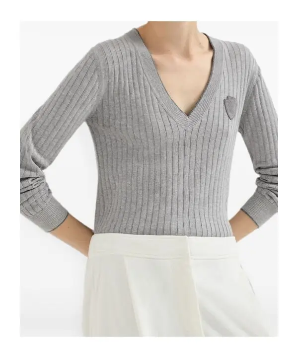 Brunello Cucinelli V-neck Ribbed Cotton Sweater With Logo Detail