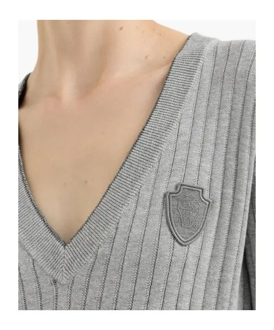 Brunello Cucinelli V-neck Ribbed Cotton Sweater With Logo Detail