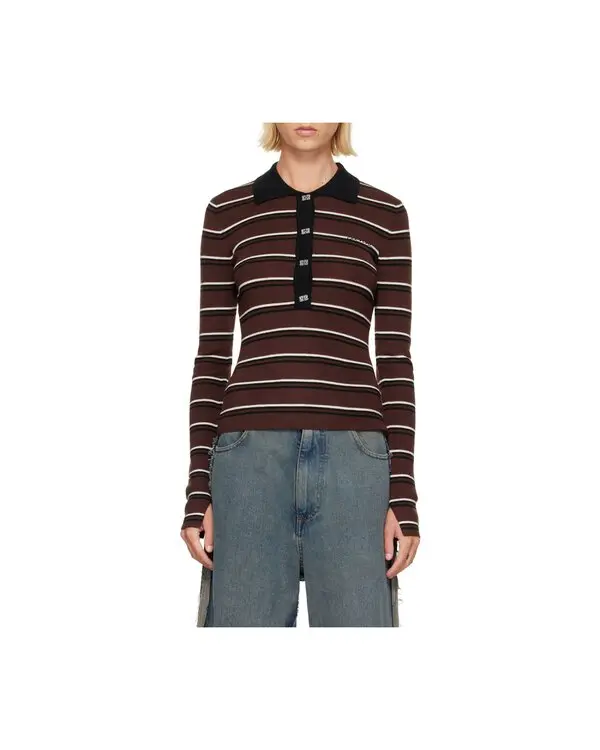 GANNI Striped Knitted Polo Top - Black