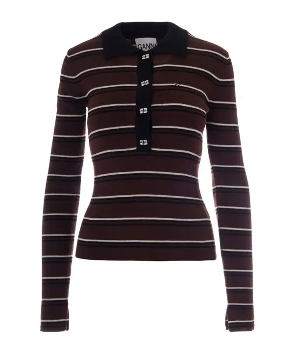GANNI Striped Knitted Polo Top - No