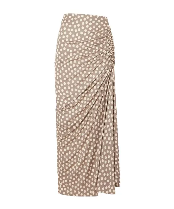 Alaïa Gathered Polka-dot Jersey Midi Skirt