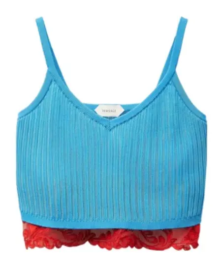 Versace Lace-trim Viscose-blend Ribbed Knit Tank Top - Blue
