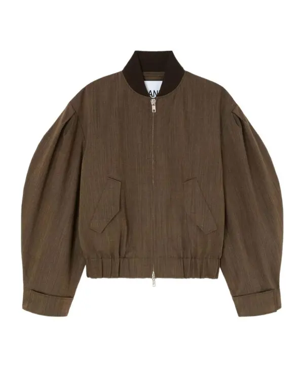 GANNI Cropped Bomber Jacket With Elastic Cuffs And Hem - Brown