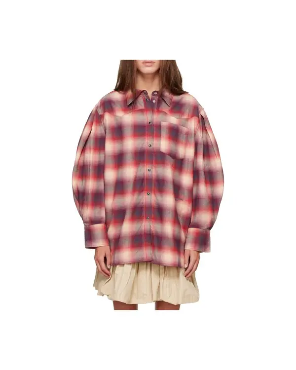 GANNI Checked Balloon-sleeve Shirt - Nude
