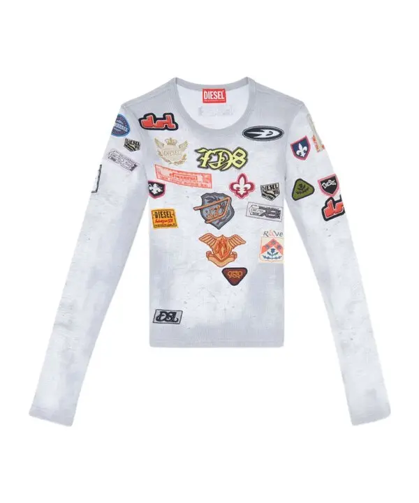 DIESEL® Ribbed Jersey Long-sleeve Top With All-over Patch Print - White