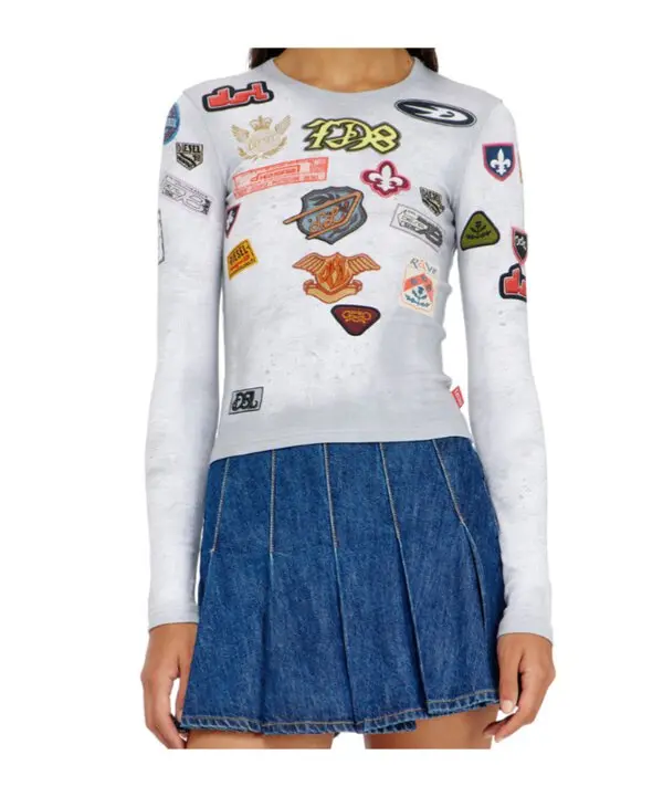 DIESEL® Ribbed Jersey Long-sleeve Top With All-over Patch Print - White
