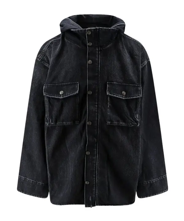 Balenciaga Long-sleeve Hooded Denim Jacket With Logo Detailing