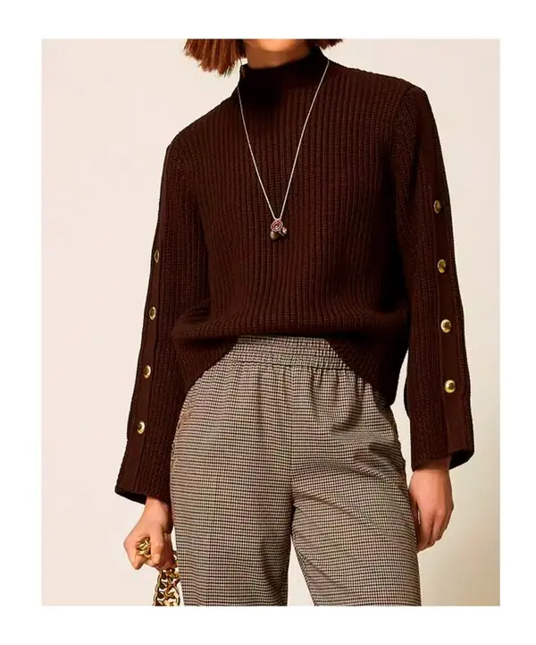 TWINSET Ribbed Mock Neck Button Detailed Long Sleeve Jumper