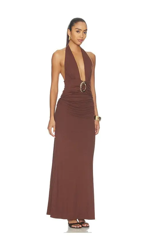 RUNAWAY THE LABEL Arina Halter V-neck Maxi Dress In Brown - Espresso