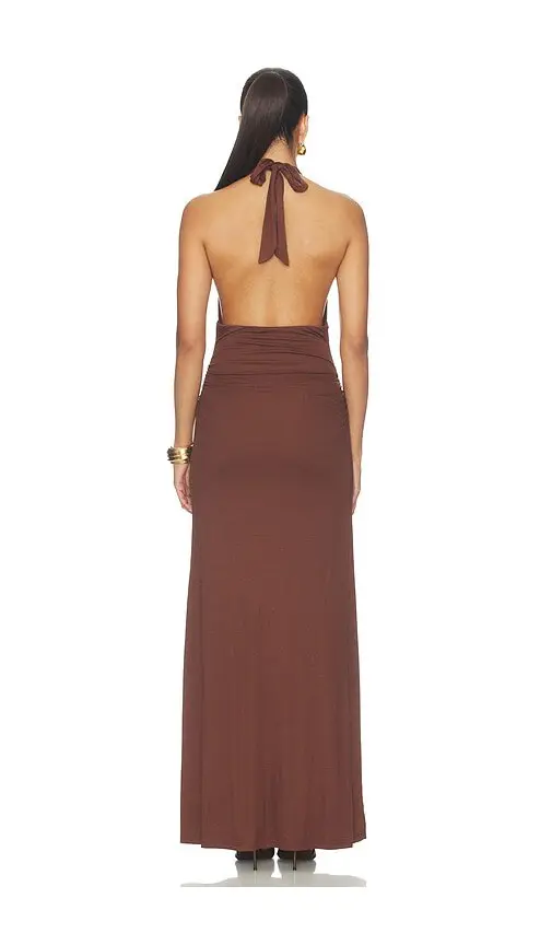 RUNAWAY THE LABEL Arina Halter V-neck Maxi Dress In Brown - Espresso