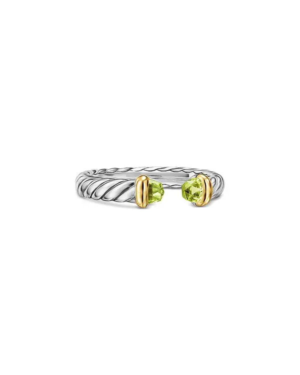 David Yurman Petite Cable Open Ring In Sterling Silver With Yellow Gold And Peridot - Peridot/silver